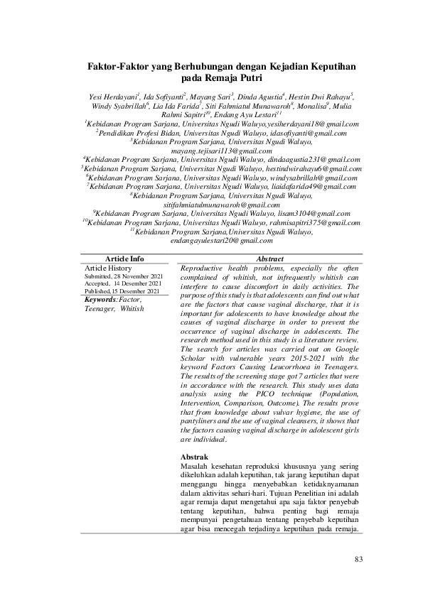 (PDF) Faktor-Faktor Yang Berhubungan Dengan Kejadian Keputihan Pada Remaja Putri