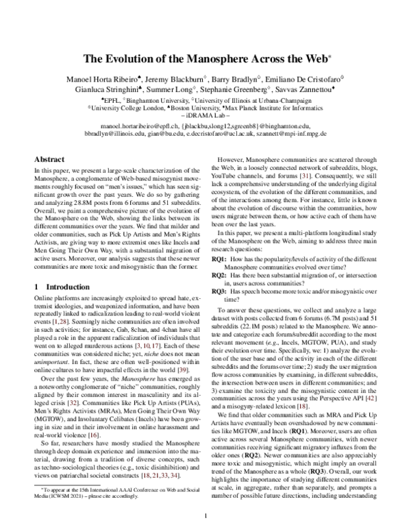 (PDF) The Evolution of the Manosphere across the Web