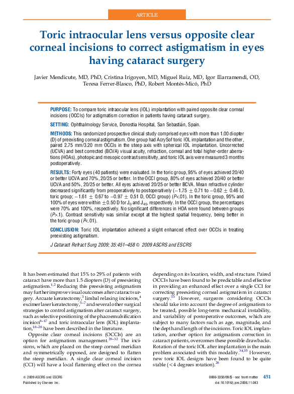(PDF) Toric intraocular lens versus opposite clear corneal incisions to correct astigmatism in ...