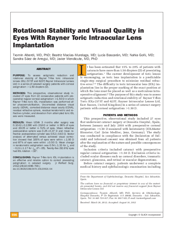 (PDF) Rotational Stability and Visual Quality in Eyes With Rayner Toric ...