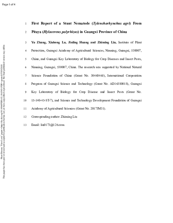 (PDF) First Report of a Stunt Nematode (Tylenchorhynchus agri) from ...