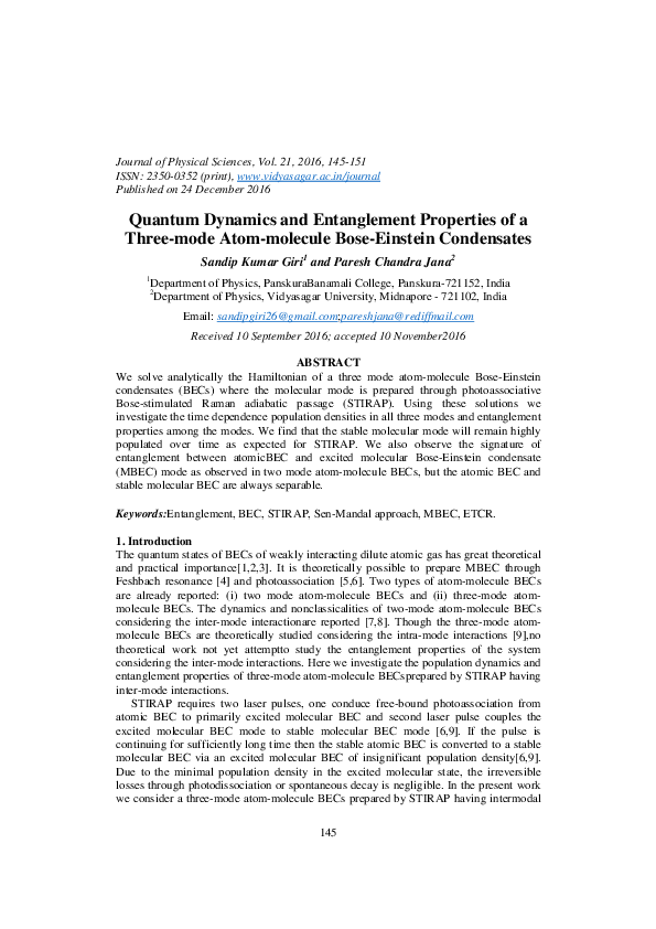 (PDF) Quantum Dynamics and Entanglement Properties of a Three-mode Atom-molecule Bose-Einstein ...