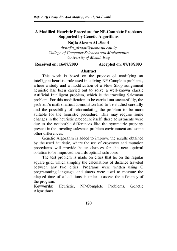 (PDF) A Modified Heuristic Procedure for NP-Complete Problems Supported by Genetic Algorithms