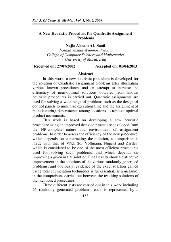 Pdf A New Heuristic Procedure For Quadratic Assignment Problems