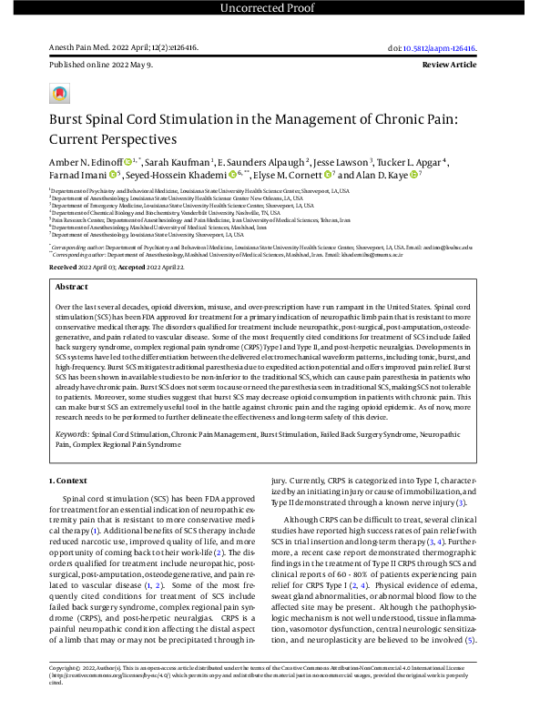(PDF) Burst Spinal Cord Stimulation in the Management of Chronic Pain: Current Perspectives ...