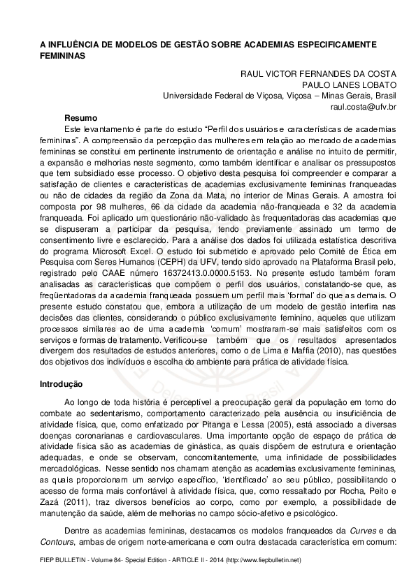 (PDF) A Influência De Modelos De Gestão Sobre Academias Especificamente ...