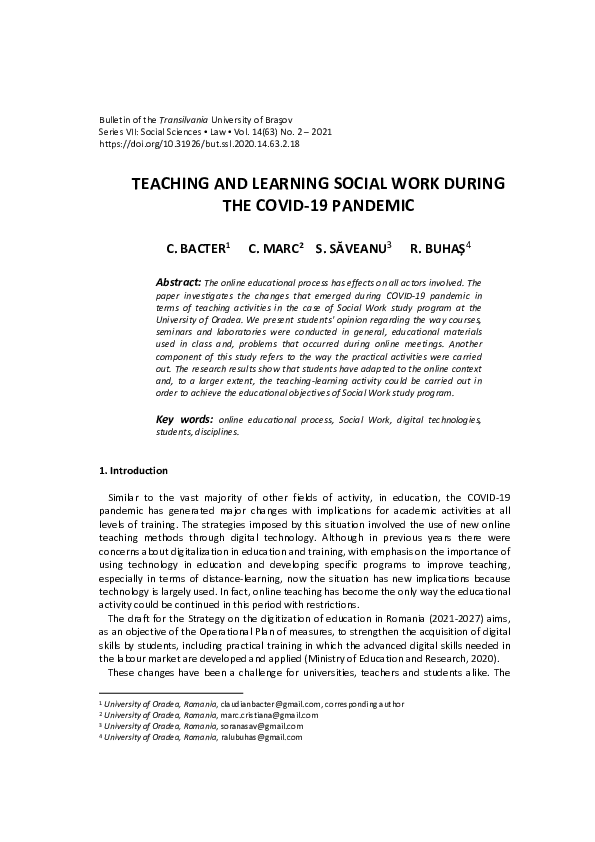 (PDF) Teaching and Learning Social Work During the COVID-19 Pandemic