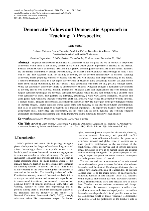 (PDF) Democratic Values and Democratic Approach in Teaching: A Perspective