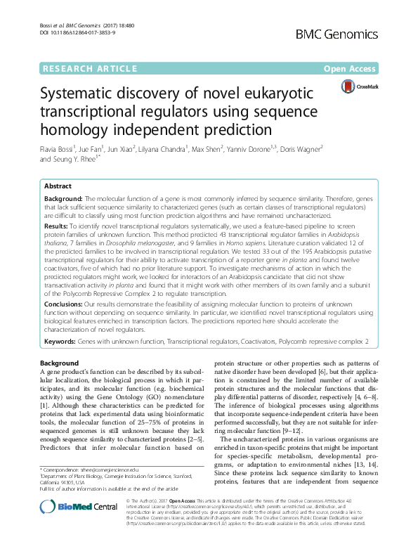 (PDF) Systematic discovery of novel eukaryotic transcriptional regulators using sequence ...