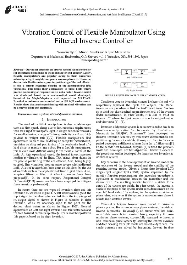 Pdf Vibration Control Of Flexible Manipulator Using Filtered Inverse Controller