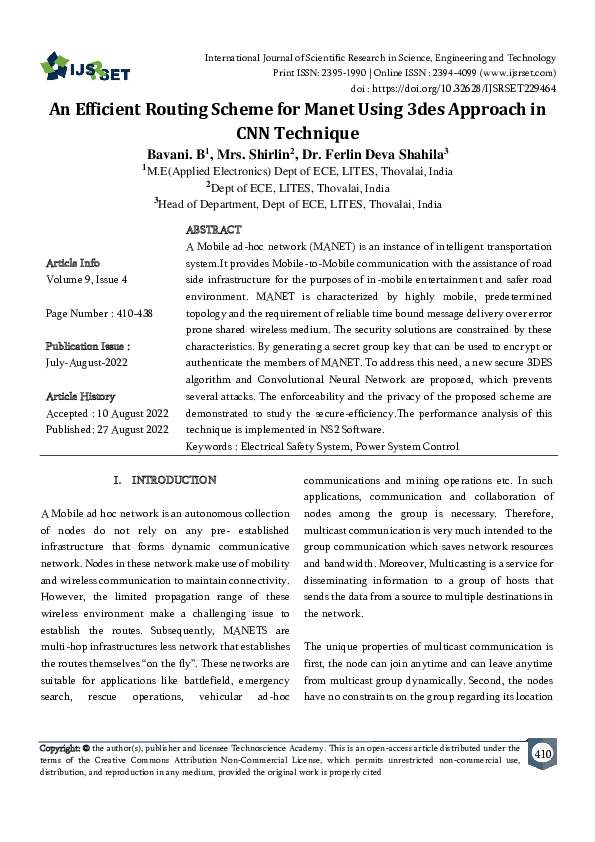 Pdf An Efficient Routing Scheme For Manet Using 3des Approach In Cnn