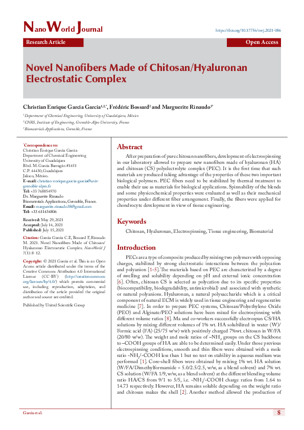 (PDF) Novel Nanofibers Made of Chitosan/Hyaluronan Electrostatic Complex