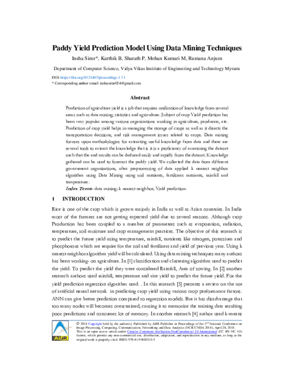 Pdf Paddy Yield Prediction Model Using Data Mining Techniques Rumana Anjum