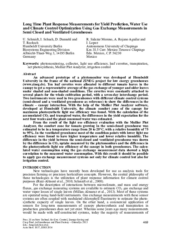(PDF) Long Time Plant Response Measurements for Yield Prediction, Water ...