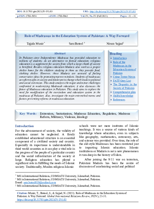 (PDF) Role of Madrassas in the Education System of Pakistan: A Way Forward