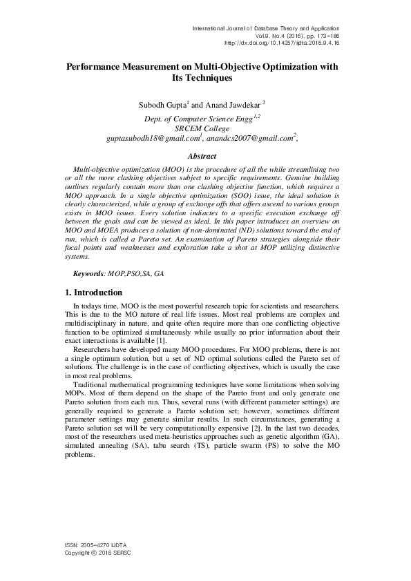 (PDF) Performance Measurement on Multi-Objective Optimization with Its Techniques