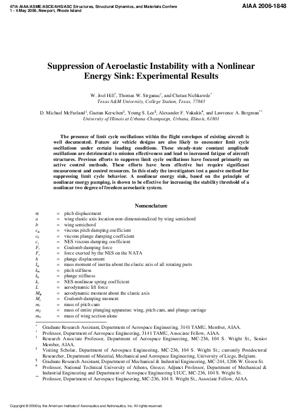 (PDF) Suppression of Aeroelastic Instability with a Nonlinear Energy ...