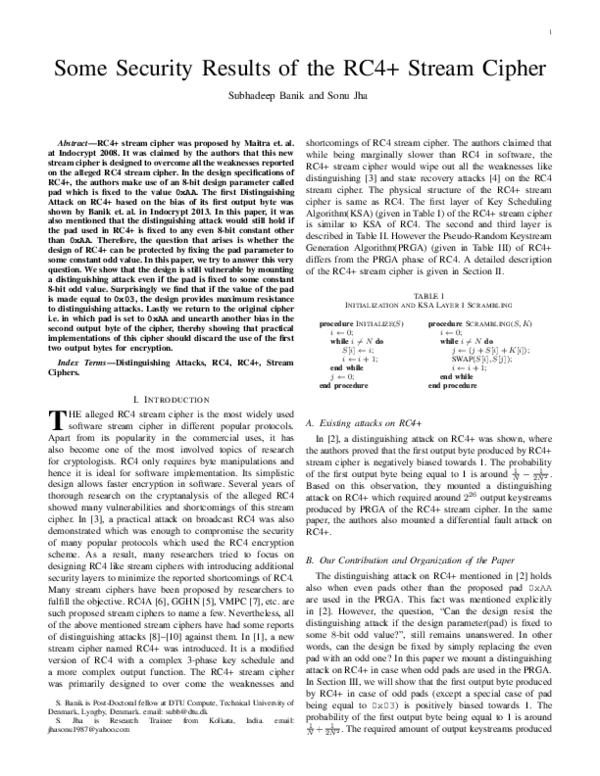 Pdf Some Security Results Of The Rc4 Stream Cipher