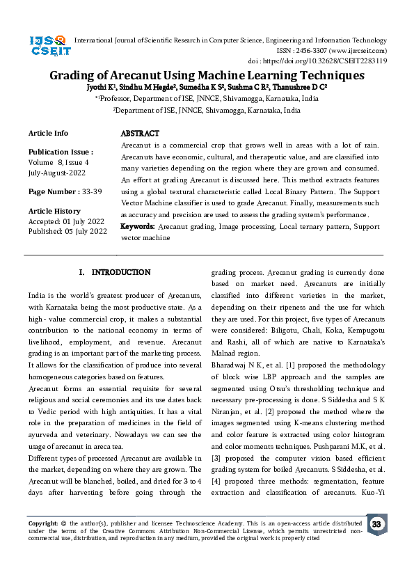 (PDF) Grading of Arecanut Using Machine Learning Techniques