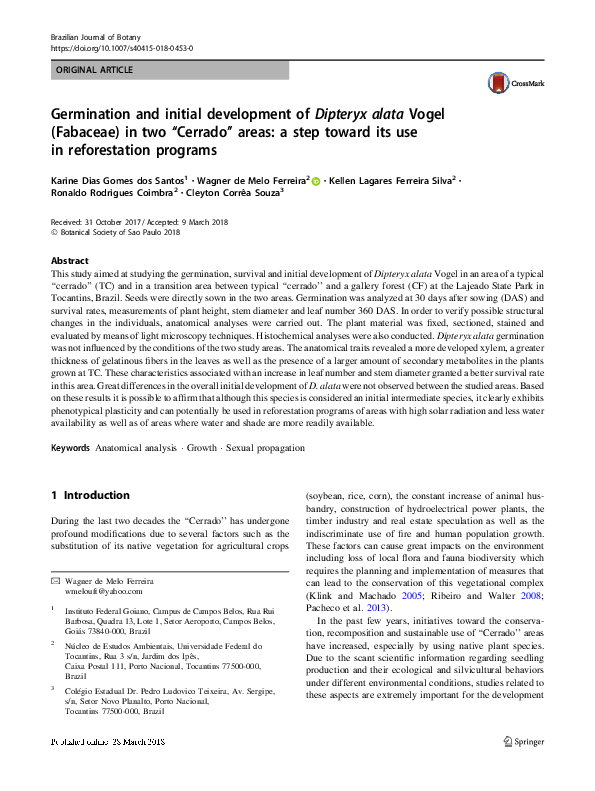 (PDF) Germination and initial development of Dipteryx alata Vogel (Fabaceae) in two “Cerrado ...