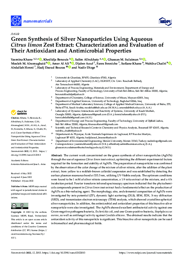 (PDF) Green Synthesis of Silver Nanoparticles Using Aqueous Citrus limon Zest Extract ...