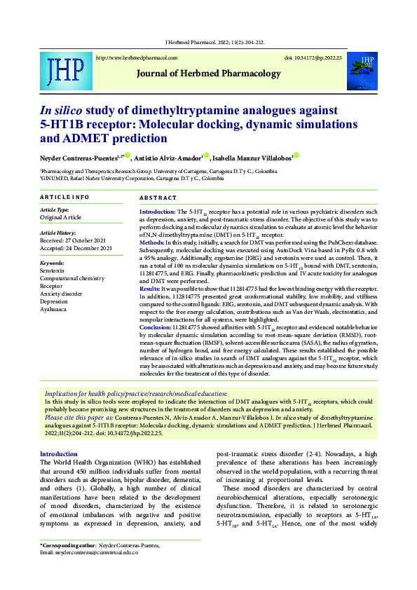 (PDF) In silico study of dimethyltryptamine analogues against 5-HT1B receptor: Molecular docking ...
