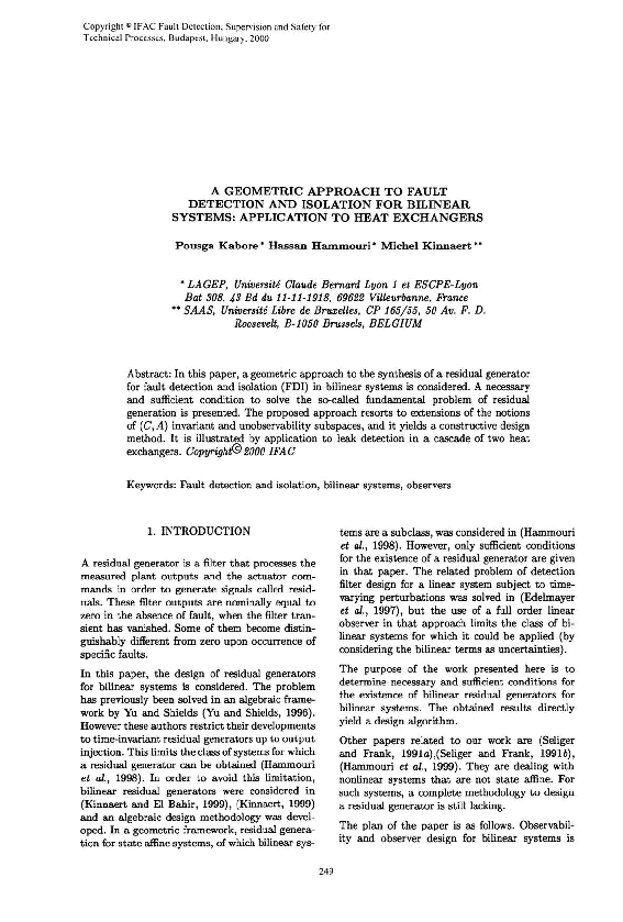 Pdf A Geometric Approach To Fault Detection And Isolation For Bilinear Systems Kash