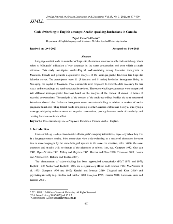 (PDF) Code-Switching to English amongst Arabic-speaking Jordanians in ...