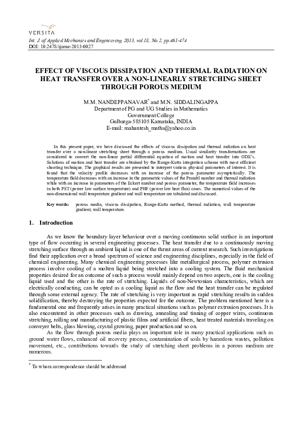 (PDF) Effect of Viscous Dissipation and Thermal Radiation on Heat Transfer over a Non-Linearly ...