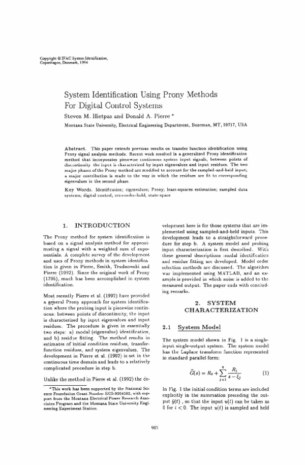 (PDF) System Identification Using Prony Methods For Digital Control Systems