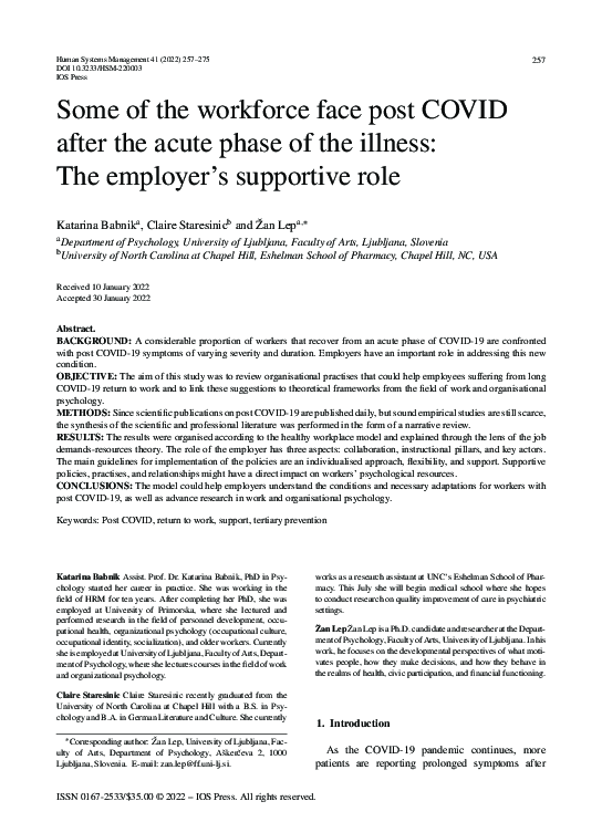 (PDF) Some of the workforce face post COVID after the acute phase of ...