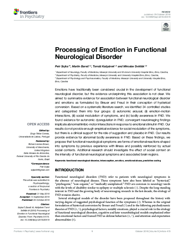 (PDF) Processing of Emotion in Functional Neurological Disorder