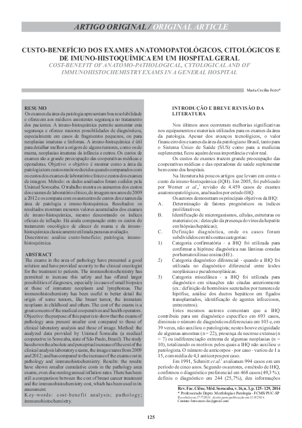 (PDF) Custo-benefício dos exames anatomopatológicos, citológicos e de imuno-histoquímica em um ...
