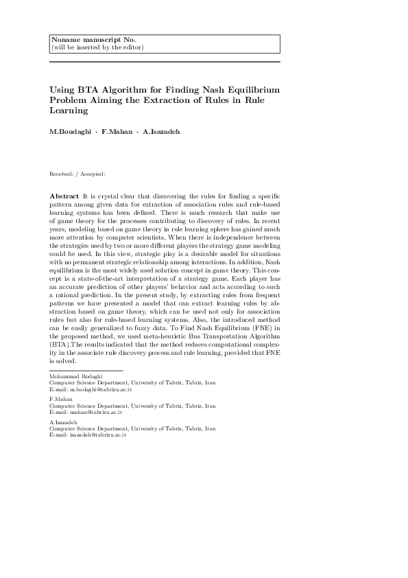 (PDF) Using BTA Algorithm for finding Nash equilibrium problem aiming the extraction of rules in ...