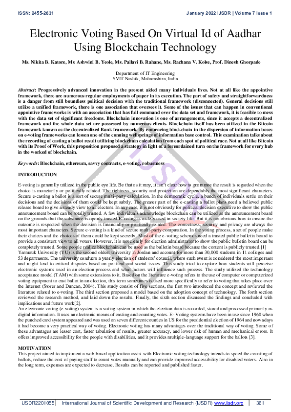 Pdf Electronic Voting Based On Virtual Id Of Aadhar Using Blockchain Technology