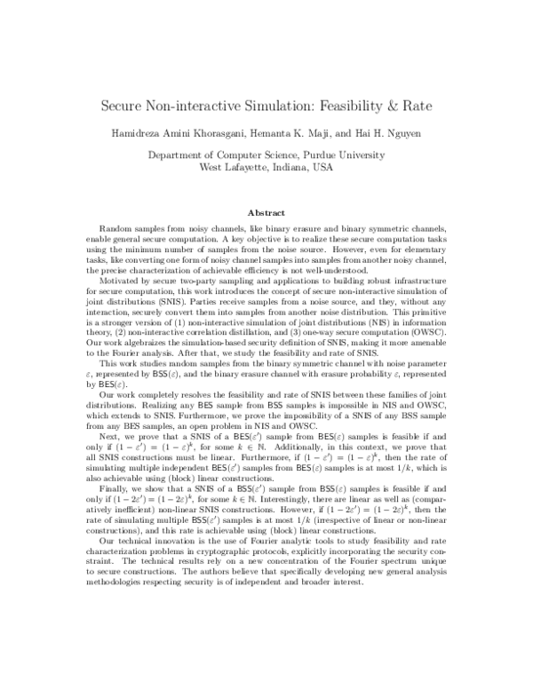 (PDF) Secure Non-interactive Simulation: Hardness & Feasibility