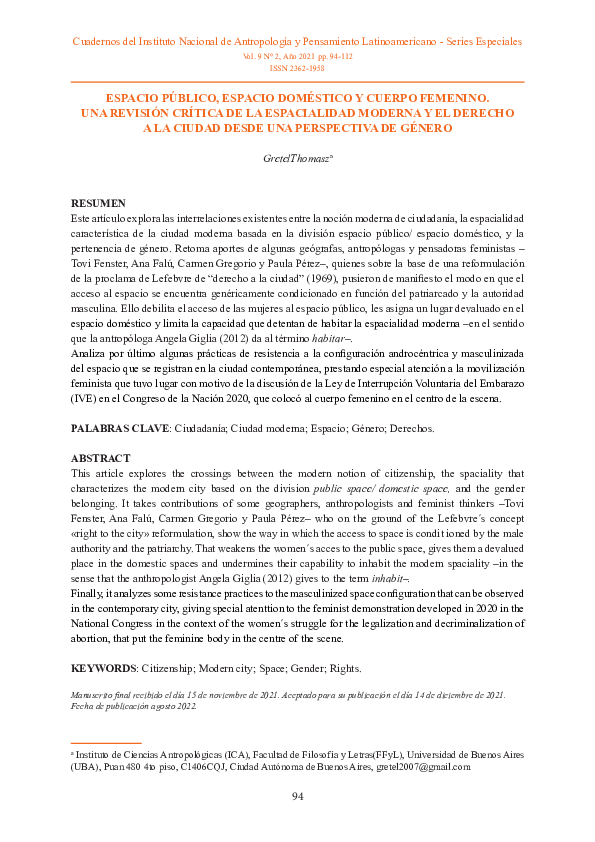 (PDF) ESPACIO PÚBLICO, ESPACIO DOMÉSTICO Y CUERPO FEMENINO. UNA REVISIÓN CRÍTICA DE LA ...