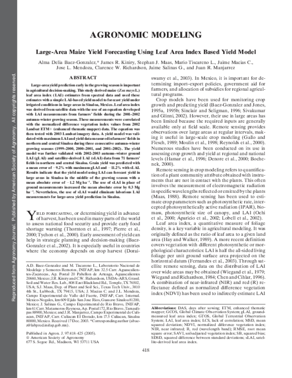 Pdf Large‐area Maize Yield Forecasting Using Leaf Area Index Based