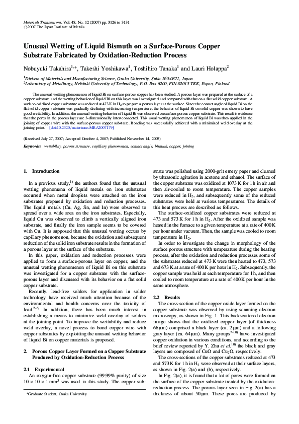 (PDF) Unusual Wetting of Liquid Bismuth on a Surface-Porous Copper ...