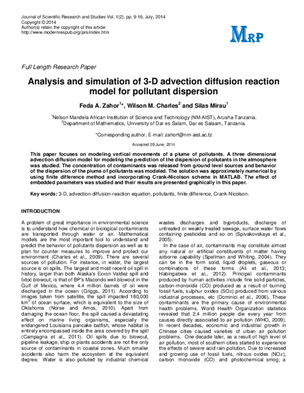 Pdf Analysis And Simulation Of 3 D Advection Diffusion Reaction Model