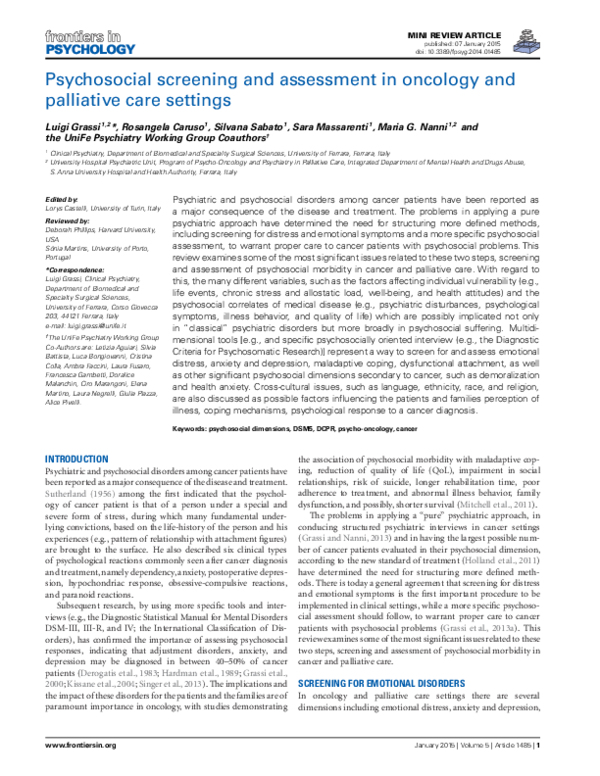 (PDF) Psychosocial screening and assessment in oncology and palliative ...