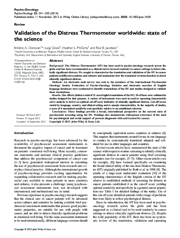 (PDF) Validation of the Distress Thermometer worldwide: state of the ...