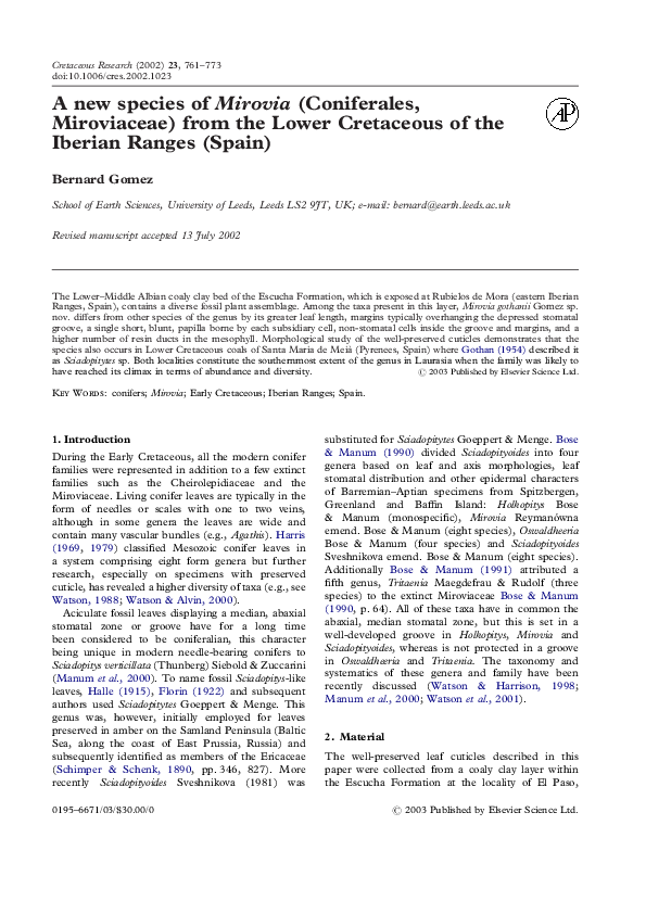 (PDF) 2002 A new species of Mirovia (Coniferales, Miroviaceae) from the ...