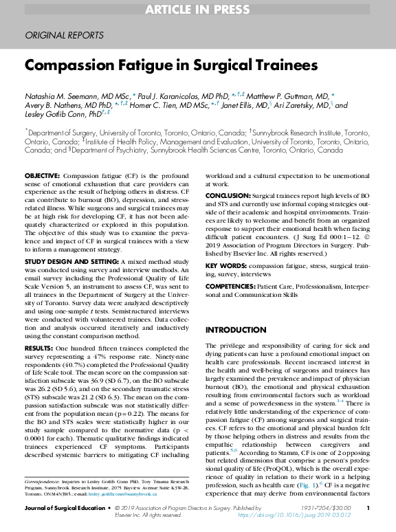 (PDF) Compassion Fatigue in Surgical Trainees