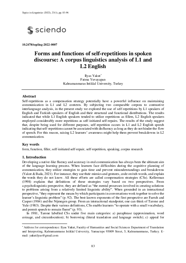 (PDF) Forms and functions of self-repetitions in spoken discourse: A corpus linguistics analysis ...