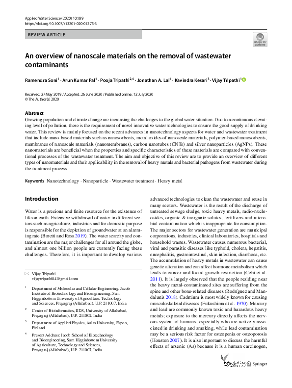(PDF) An overview of nanoscale materials on the removal of wastewater ...