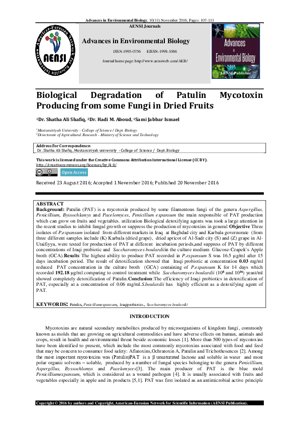 (PDF) Biological Degradation of Patulin Mycotoxin Producing from some ...