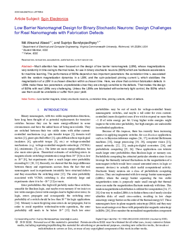 (PDF) Low Energy Barrier Nanomagnet Design for Binary Stochastic Neurons: Design Challenges for ...
