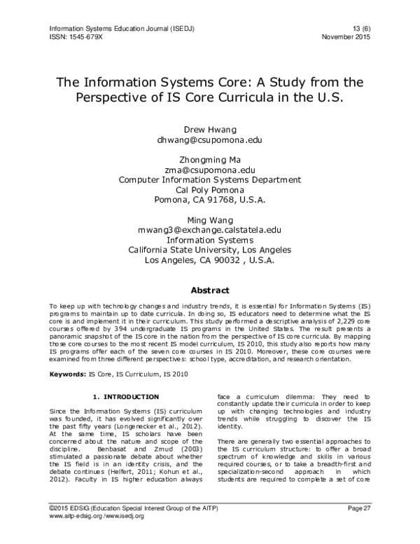 (PDF) The Information Systems Core: A Study from the Perspective of IS Core Curricula in the U.S