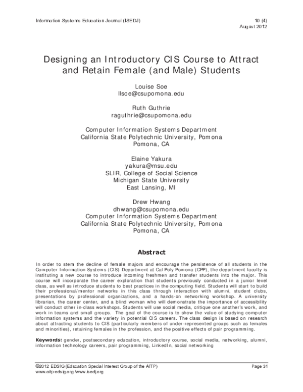 (PDF) Designing an Introductory CIS Course to Attract and Retain Female ...